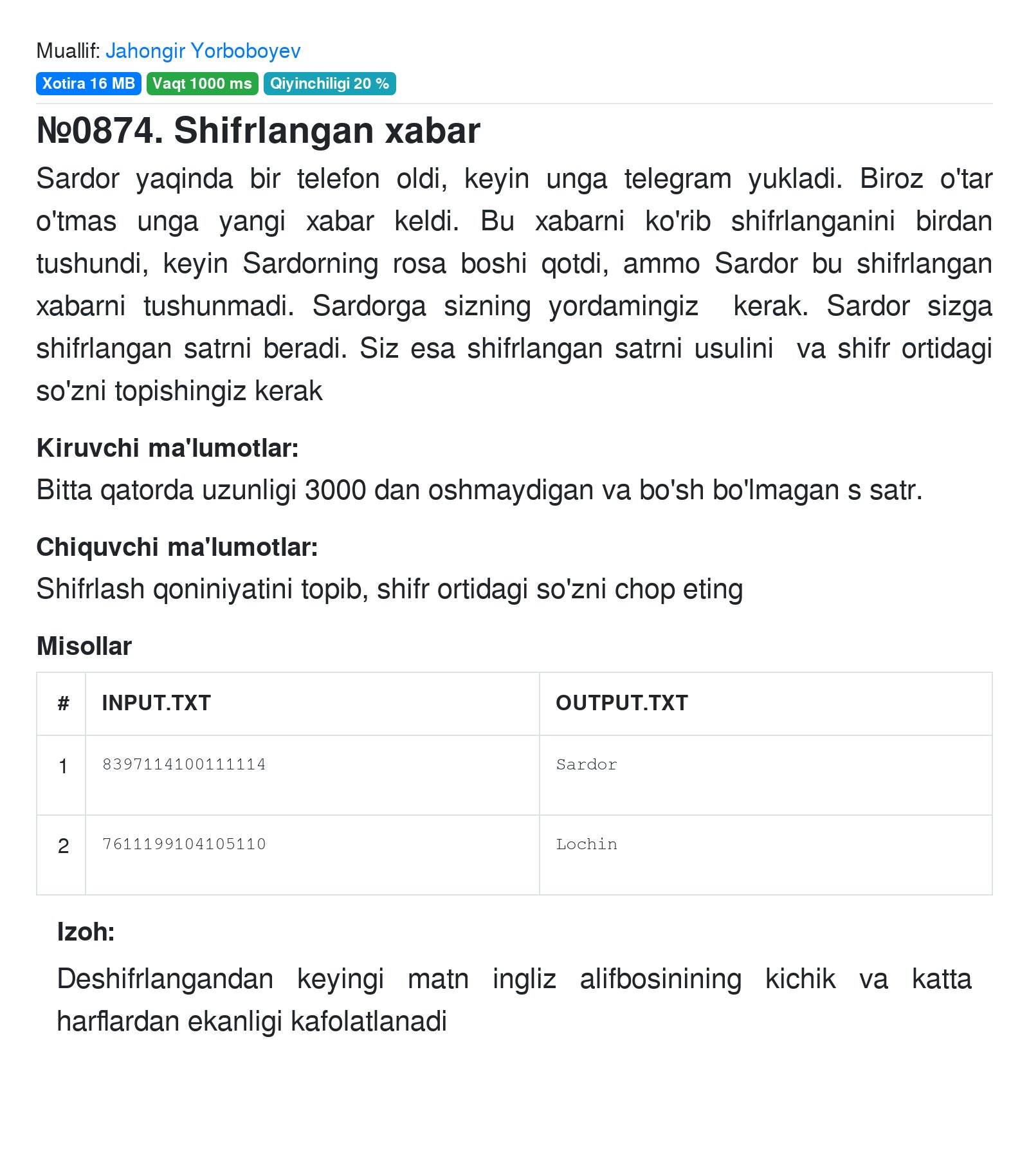 Shifrlangan xabar - PIIMA