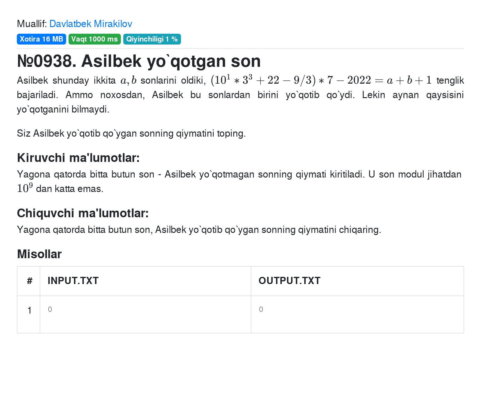 Asilbek yo`qotgan son - PIIMA